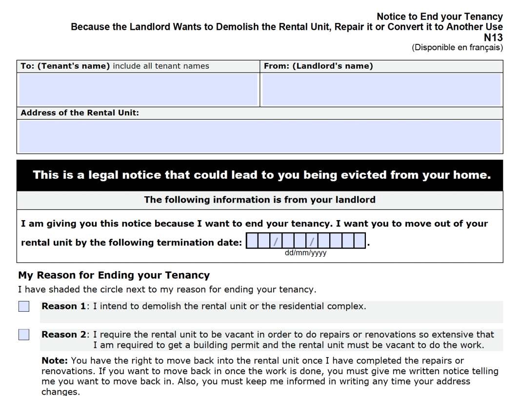 N13 FORM- NOTICE TO END YOUR TENANCY BECAUSE THE LANDLORD WANTS TO ...