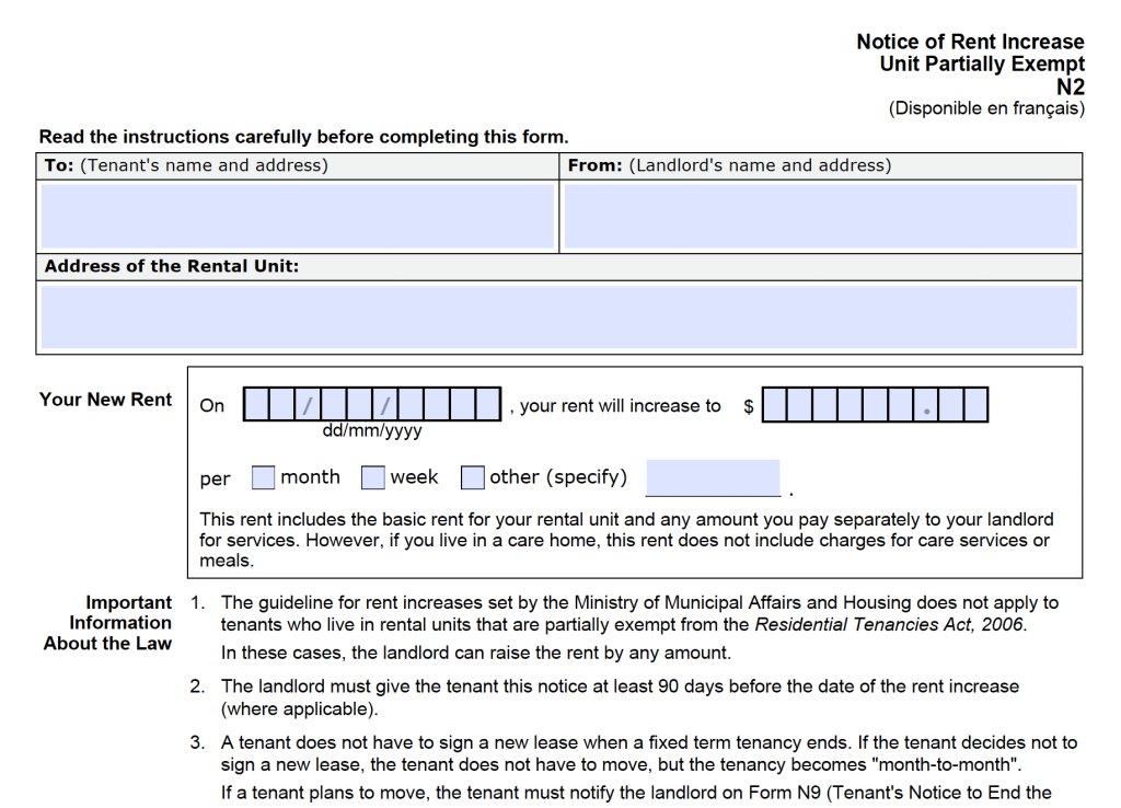 N2 Form – NOTICE OF RENT INCREASE UNIT PARTIALLY EXEMPT - Ontario ...