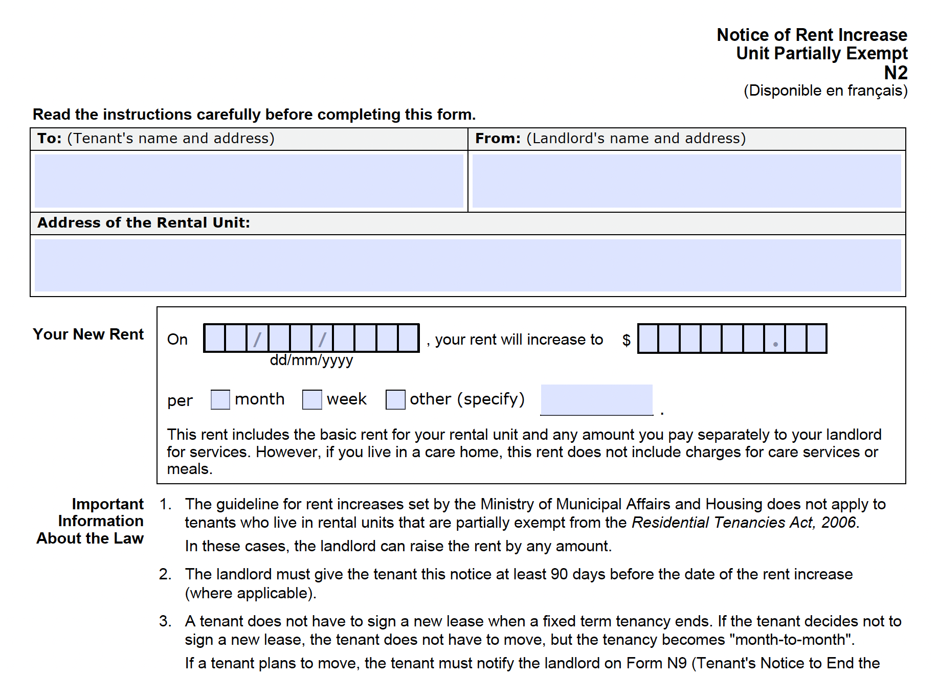 N2 Form – NOTICE OF RENT INCREASE UNIT PARTIALLY EXEMPT - Ontario ...