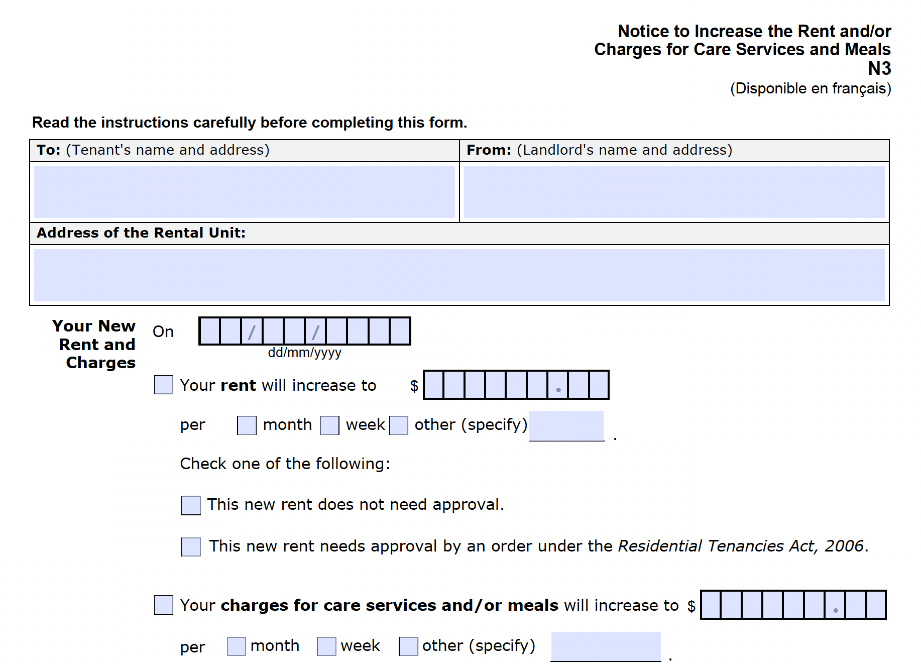 N3 FORM- NOTICE TO INCREASE THE RENT AND/OR CHARGES FOR CARE SERVICES ...