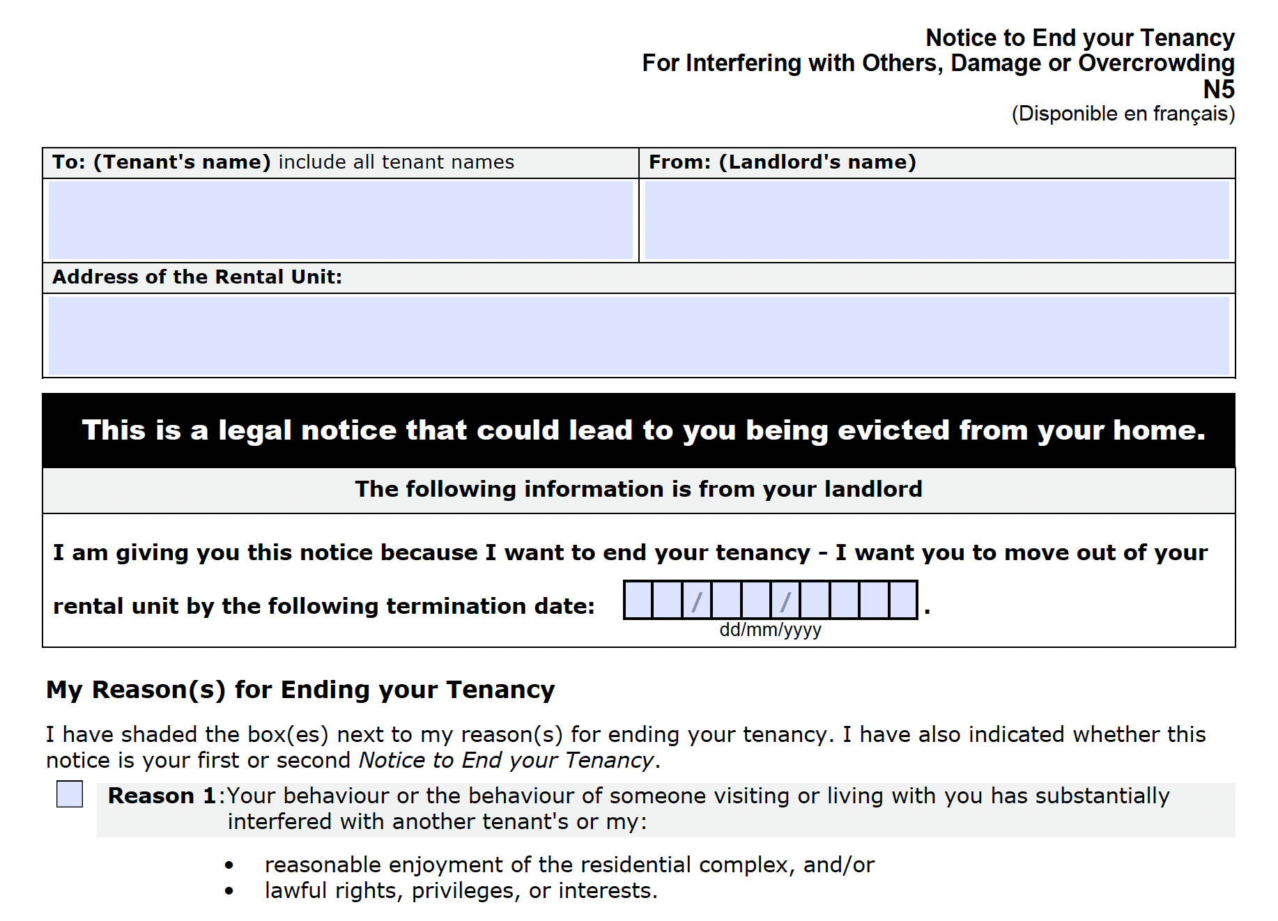 N5 FORM – NOTICE TO END YOUR TENANCY FOR INTERFERING WITH OTHERS ...