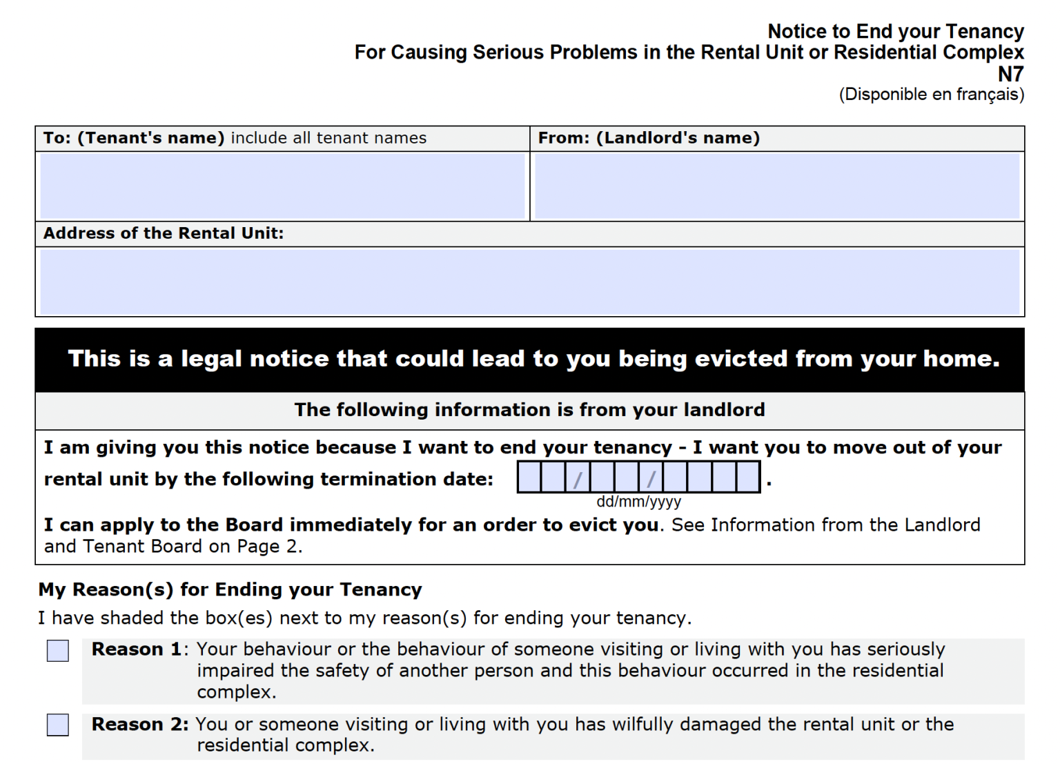 N7 FORM – NOTICE TO END YOUR TENANCY FOR CAUSING SERIOUS PROBLEMS IN ...