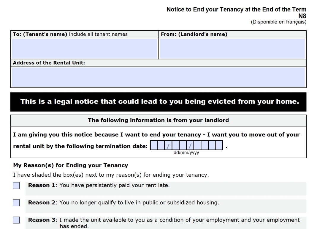 N8 FORM – NOTICE TO END YOUR TENANCY AT THE END OF THE TERM - Ontario ...